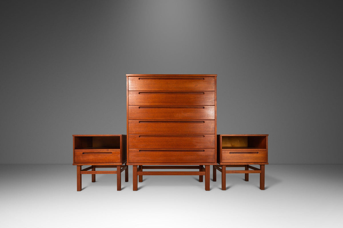 Danish Modern Six-Drawer Tall Dresser w/ Matching End Tables in Teak b