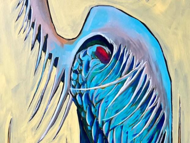 Great Blue Heron by James Mattison, 24x60, Oil and Gold Leaf on Wood C