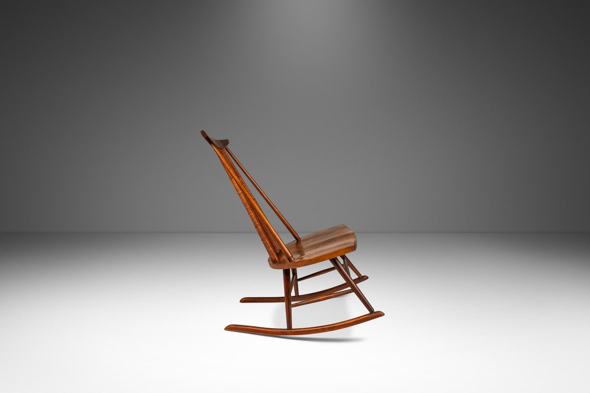 Mid-Century Modern Rocking Chair in Solid Walnut & Rattan by Arthur Um