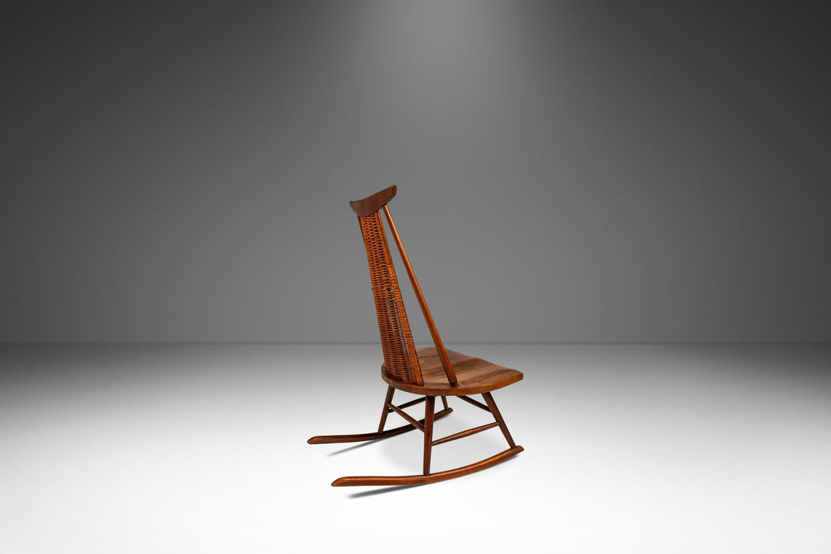 Mid-Century Modern Rocking Chair in Solid Walnut & Rattan by Arthur Um
