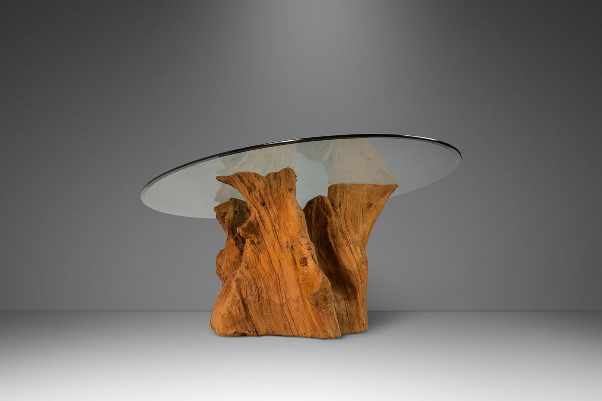 Organic Modern Substantial Glass-Top Dining Table With Cypress Tree Tr