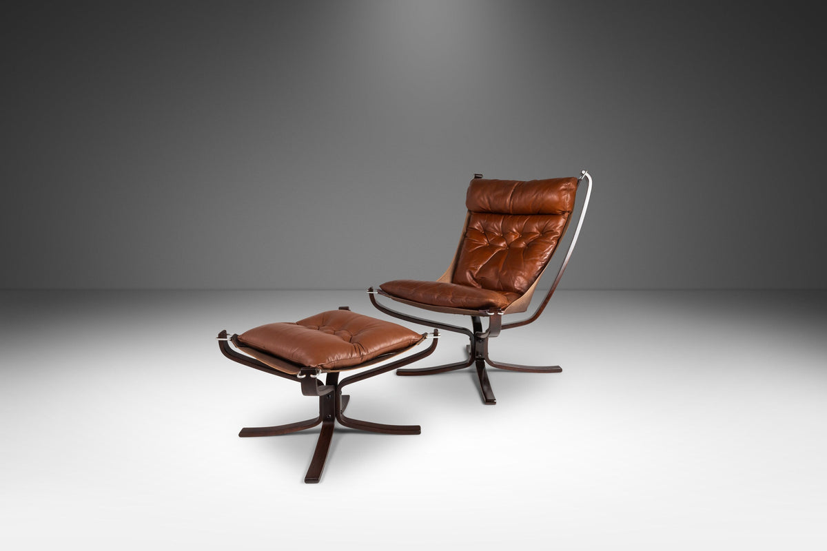 Rare High-Back Falcon Chair with Matching Ottoman in Leather by Sigurd