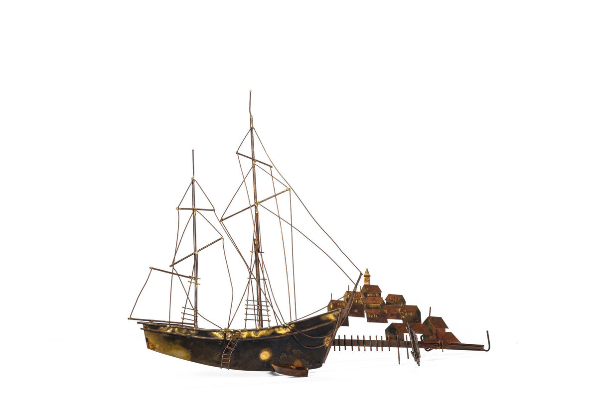 1960s Vintage C Jere Ship Schooner Village Town Harbor Metal Wall Art