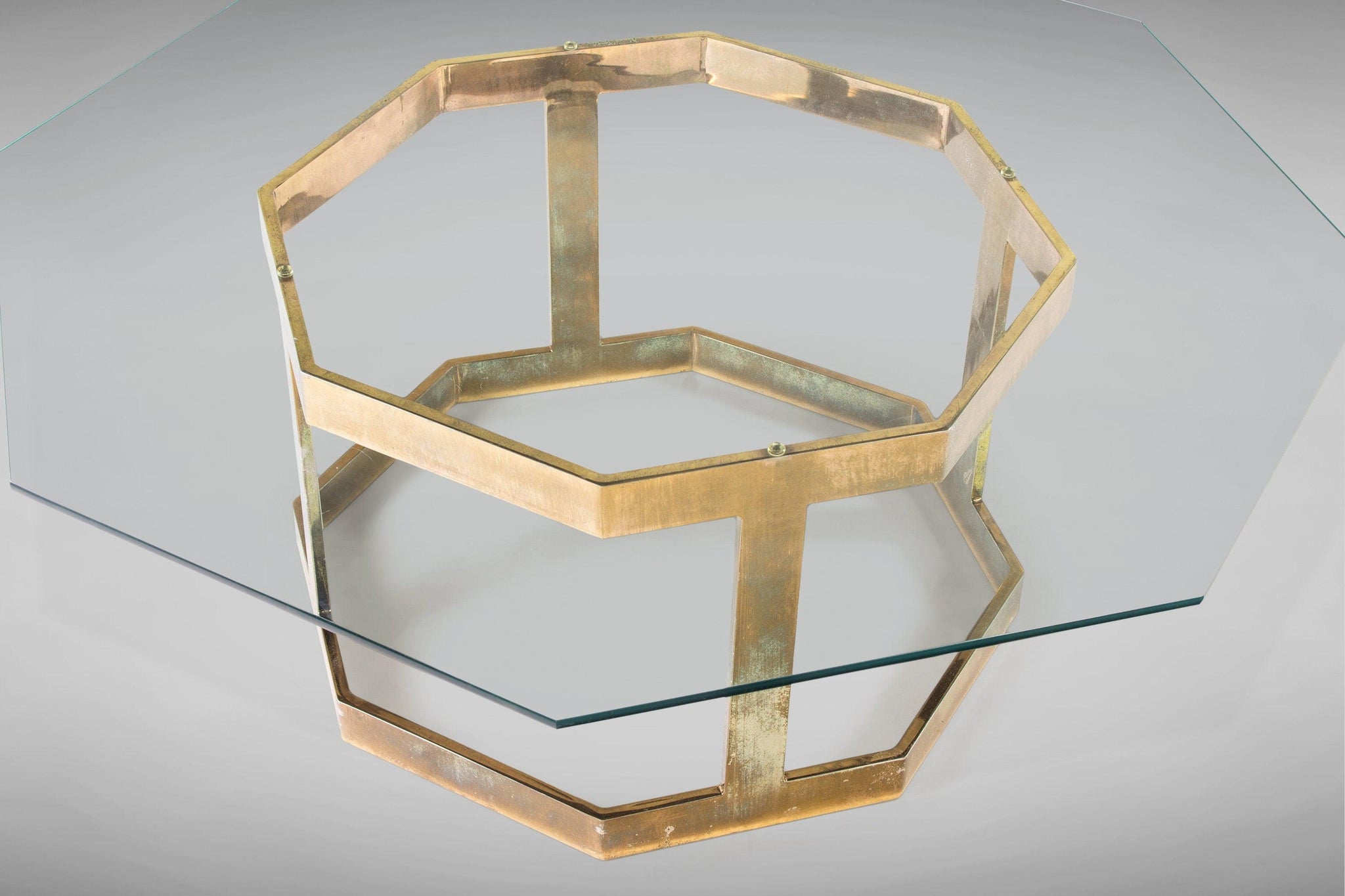 Patinaed Brass Octagonal Coffee Table with an Octagonal Glass Top Afte