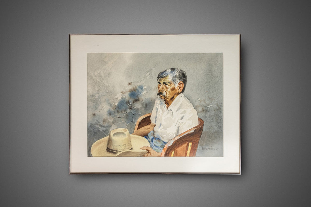 Signed Watercolor "El Equipal" Folk Art Painting by Luis Ricardo Amend
